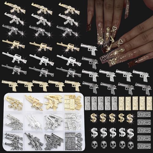 Amazon.com: 3D Pink Gun Nail Charms,Luxury Diamond Alloy Gun Nail Charm ...