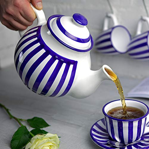Navy Blue Stripe Large Ceramic Teapot