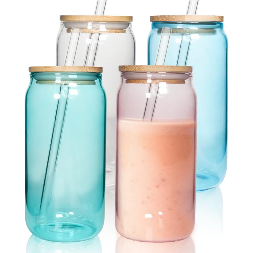 Amazon.com: ANOTION Color Glass Cups with Lids and Straws - 18oz ...