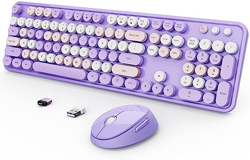 Wireless Keyboard and Mouse Set, Ergonomic Full Size Keyboard for Retro ...