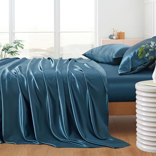 Buying Guide | HommxJF 5Pcs Deep Sea Blue Silky Satin Sheets Full Satin ...