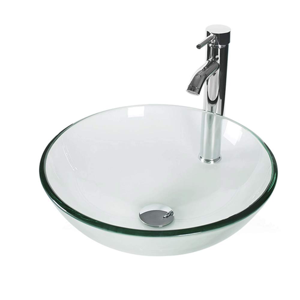 16.5 inch Tempered Glass Vessel｜Round Clear Sink Bowl｜Chrome Faucet｜Pop ...