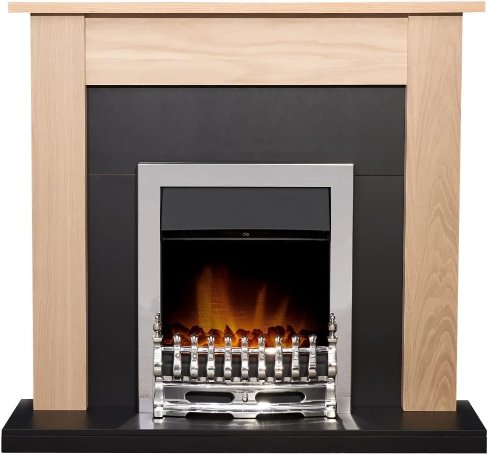 Adam Southwold Fireplace Suite in Oak and Black with Blenheim Electric Fire in Black, 43 Inches ...