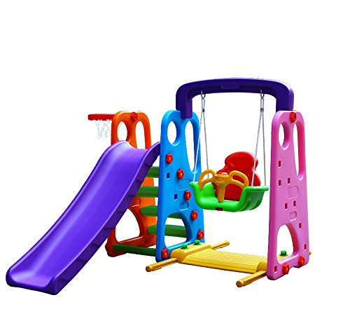 Happy Kids Super Senior Slide with Swing and Basketball-Multi Color ...