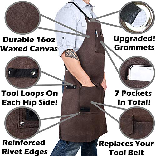 Heavy Duty 16oz Waxed Canvas Work Apron | 7 Pockets + Each Hip Side ...