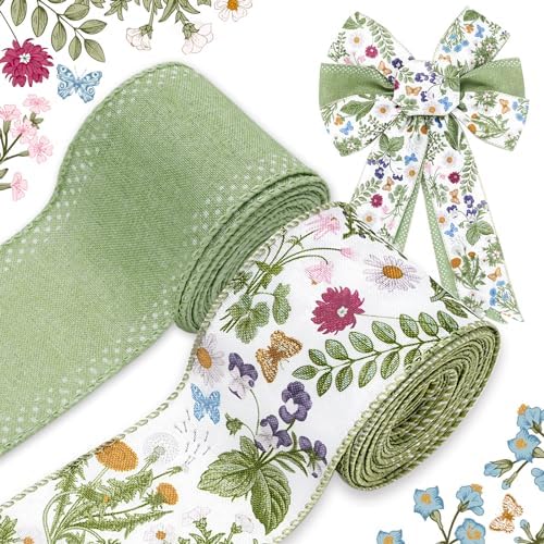 Amazon.com: Bolsome 2 Rolls 20 Yards Floral Wired Edge Ribbon Green ...