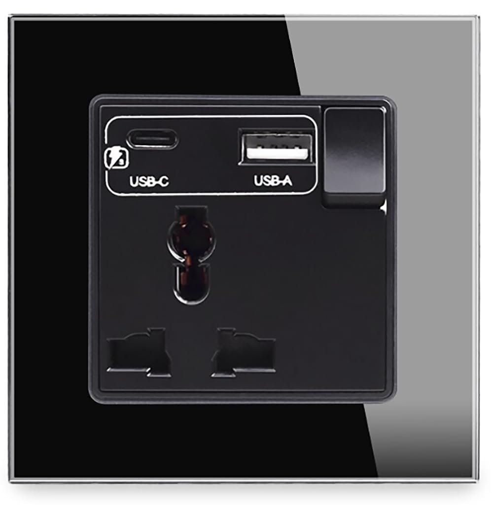 Black single socket 13A Glass Panel 18W Type-C, QC3.0 Type-A USB Quick ...