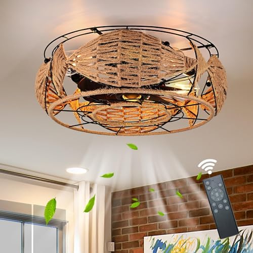 Ayshwilldec 20"Coastal Ceiling Fan with Light Woven Rattan Hemp Rope ...