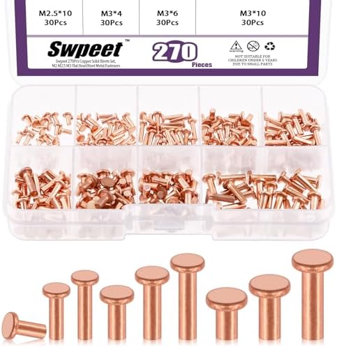 Amazon.com: Swpeet 270Pcs M2 M2.5 M3 Flat Head Copper Solid Rivet Metal ...