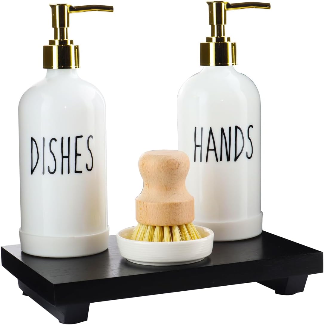 Amazon.com: White Glass Hand and Dish Soap Dispenser Set - Kitchen Soap ...