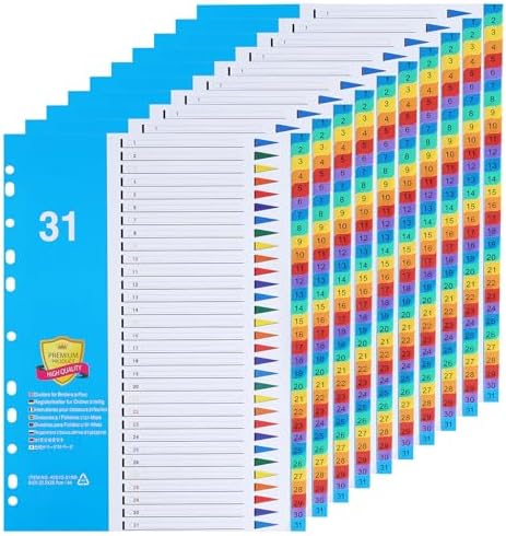 [10 Pack] A4 File Dividers 31 Part Numbered 1-31,Subject Divider with ...