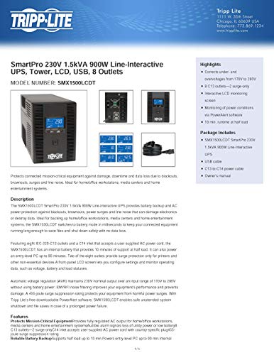 Tripp Lite Smart LCD 1500VA Tower Line-Interactive 230V UPS with LCD ...