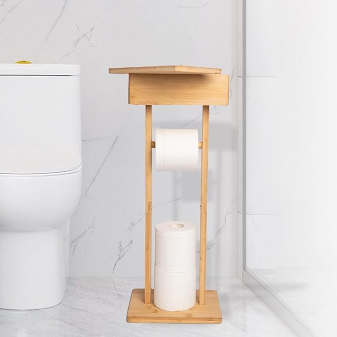 Amazon.com: GENMOUS Bamboo Toilet Paper Holder Stand with Shelf, Free ...