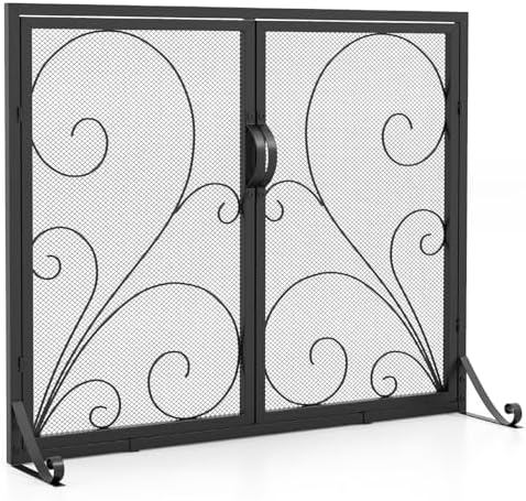 COSTWAY Fire Guard with Double Doors, Wrought Iron Mesh Fireplace ...