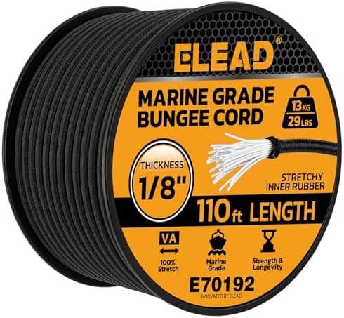 Heavy Duty Bungee Cord Roll, 1/8" x 110ft Marine Grade Outdoor Bungee ...