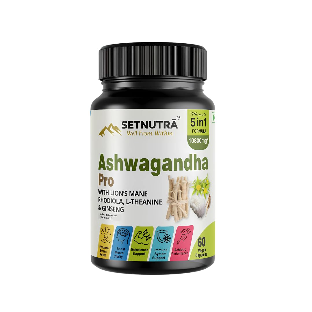 SETNUTRA | Ashwagandha Pro with Lion's Mane Rhodiola, L-Theanine & Ginseng | Cost Saver 5in1 ...