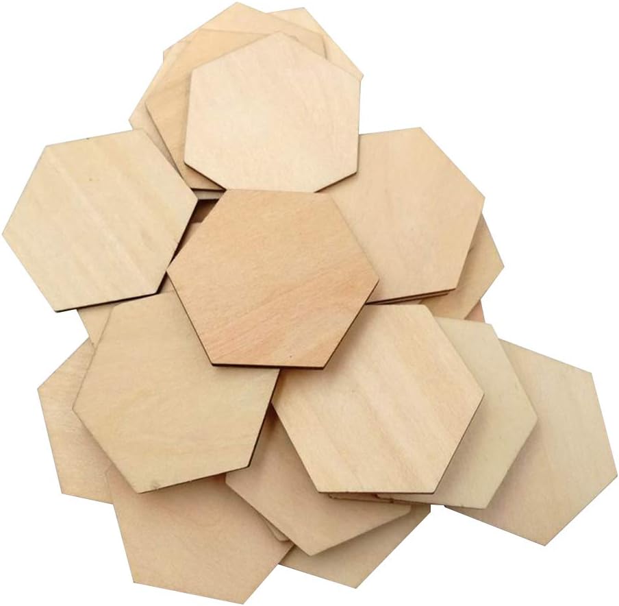 MILISTEN 50PC Unfinished Wood Piepces Hexagon Wood Shape Wooden Hexagon ...