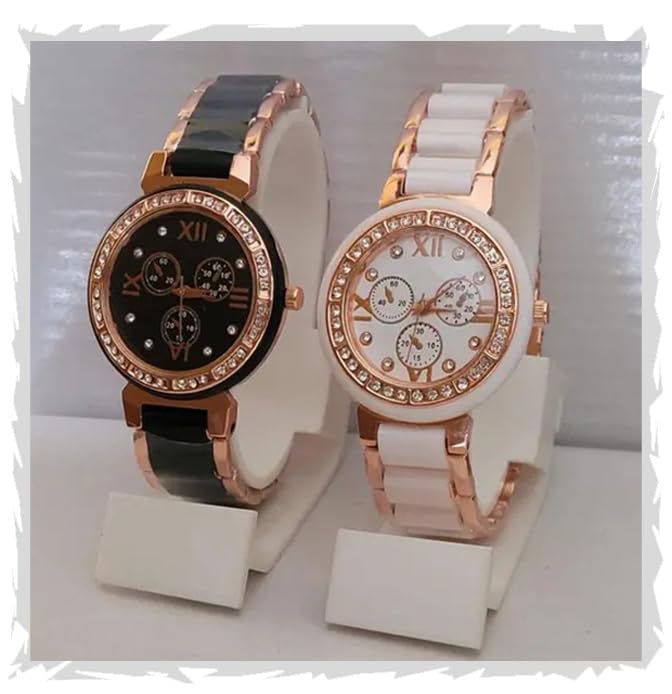 FROZIL Analog Black White Diamond Studded Dial Stainless Steel Belt ...