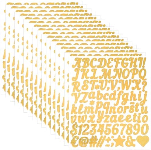10 Sheets Gold Glitter Letter Stickers, 1 Inch Small Alphabet Number ...