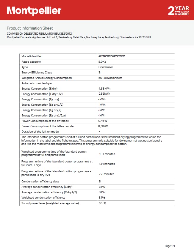 Montpellier MTDC8SDS 8Kg Condenser Sensor Dry Tumble Dryer - B Rated ...