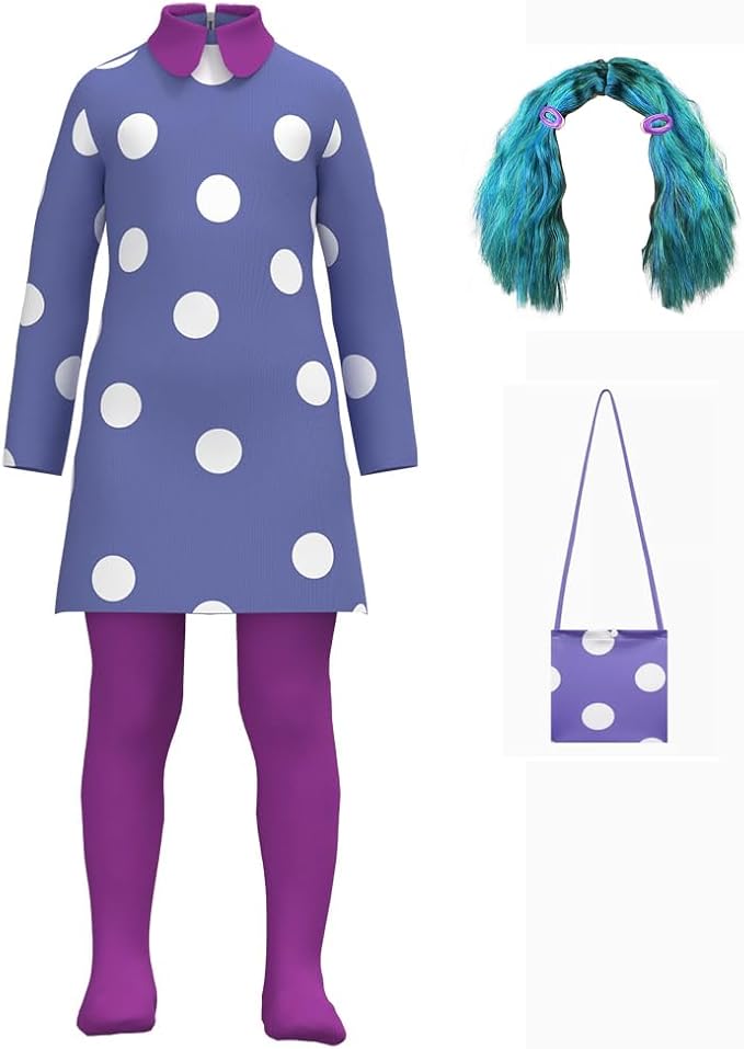 Amazon.com: Disfraz de Envidia de adentro hacia afuera, vestido morado con pantalones, bolsa de ...