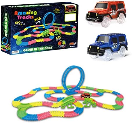 AUSLEE Glow Race Tracks and Toy Cars - 360pk Glow in The Dark Bendable ...