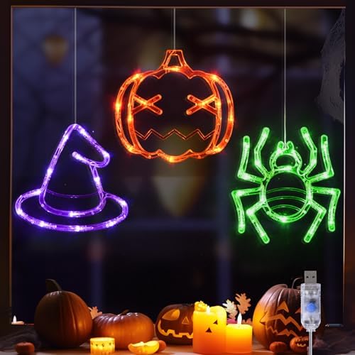 Amazon.com : Halloween Lights Window Decorations, 3 Pack Bat Pumpkin ...