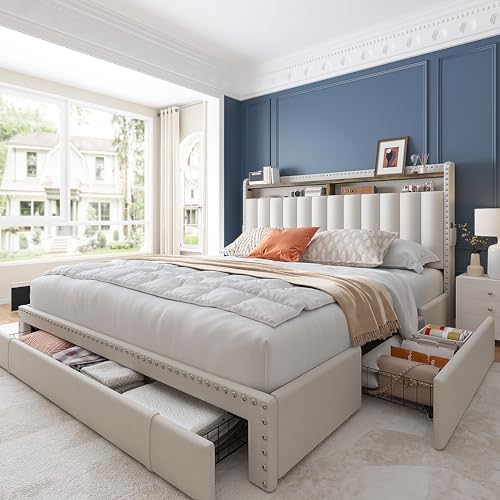 Amazon.com: Neoriver Queen Size Bed Frame with 3 Drawers, 2-Tier ...