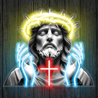 Jesus Neon Sign - Crown of Thorns Neon Wall Sign, Red Cross in Devout ...