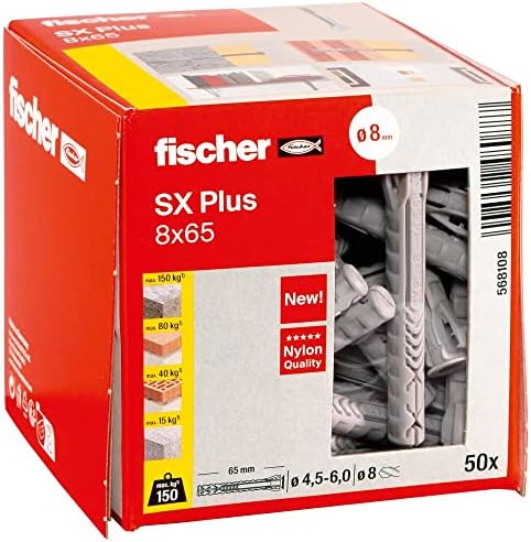 fischer 568108 SX Plus Expansion Wall Plug, 8mm x 65mm, Pack of 50 ...