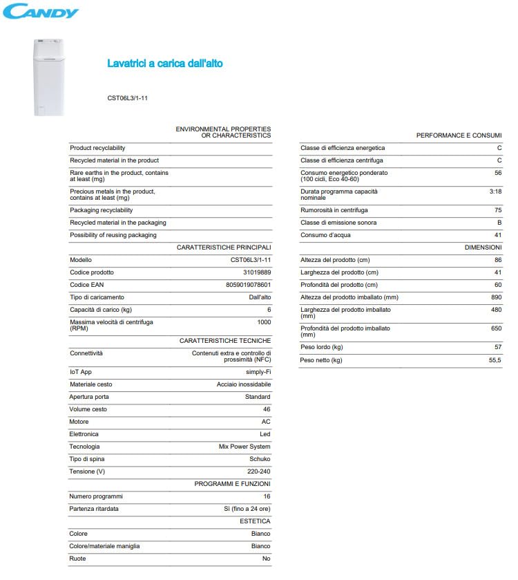 Candy Smart Inverter CSTG 47TMV5/1-11 Lavatrice a Carica dall'Alto, 7 ...