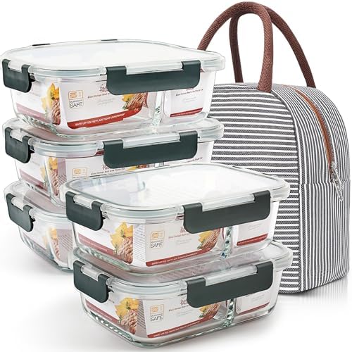 Amazon.com: HAKEEMI 5-Pack,3 Compartment Glass Meal Prep Containers Set ...