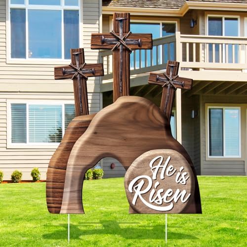 Amazon.com : Beeveer Easter He Is Risen Yard Sign with Stakes Jesus ...