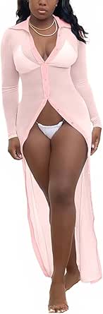 Kafiloe Women Sheer Mesh Dress Long Sleeve Sexy Bodycon Button Down Beach Bikini Bathing Suit ...