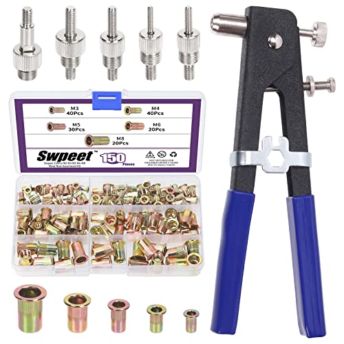 Swpeet 151Pcs M3 M4 M5 M6 M8 Rivet Nut with 10.6Inch Hand Rivet Tool ...