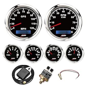 RACETECH 6 Gauge Set 7 Color Black FACE LED Backlit - 85mm 3-3/8" GPS ...