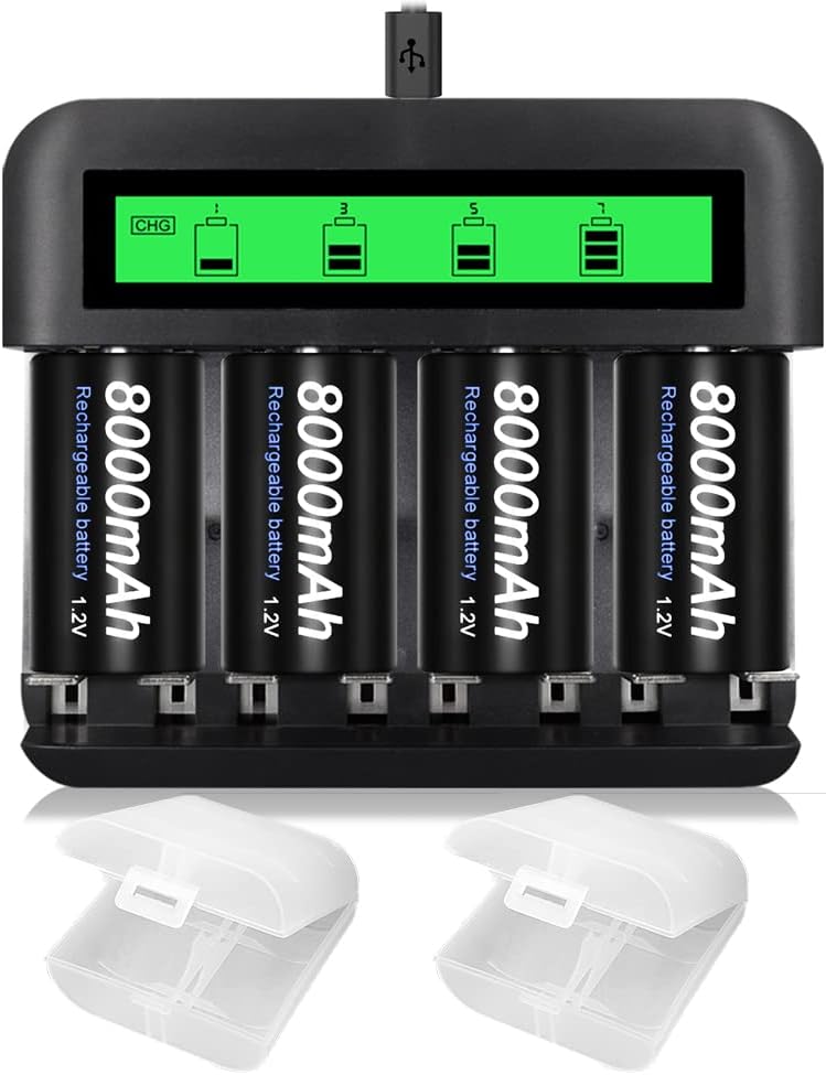 CITYORK 4pcs D Cell 8000mAh Rechargeable Batteries with 8 Slot AA/AAA/C ...