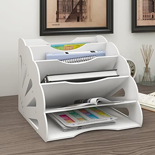 WuGeShop Fan-Shaped Desk File Organizer, 7 Compartments Wooden Paper ...