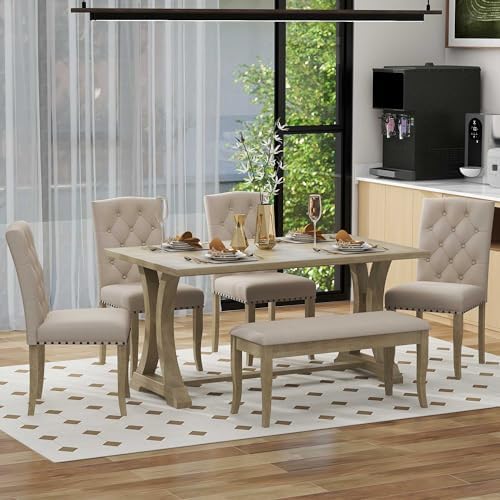 Amazon.com - Merax 6 Pieces Wood Dining Table Set with Bench, Retro ...