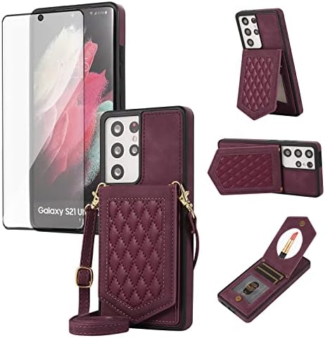 Amazon.com: Phone Case for Samsung Galaxy S21 Ultra 5G Wallet Cover with Tempered Glass Screen ...