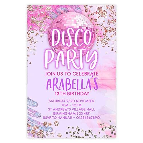 Personalised Disco Party Invitations, Girls Disco Ball Invites Neon ...