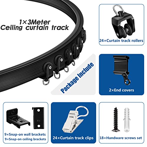 TOKPLNU Curtain Rail, Flexible Ceiling Curtain Track 3m Black Bendable ...
