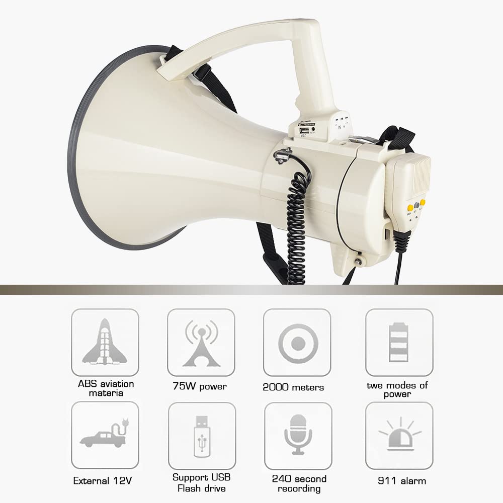 75W Loud Megaphone with Siren, Recording, Rechargeable Battery, USB ...