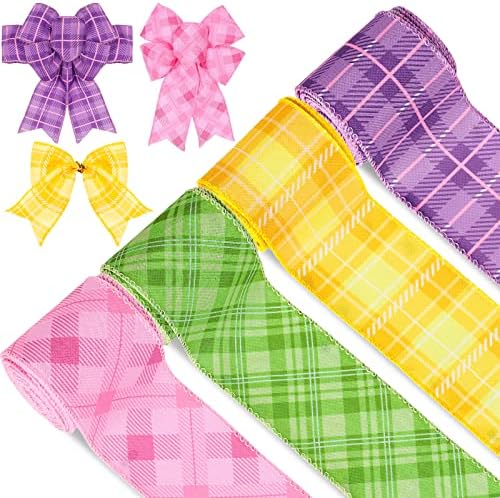 Amazon.com: Whaline Spring Plaids Wired Edge Ribbon Colorful Checks ...