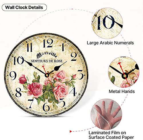 Toudorp Wood Pink Roses Wall Clock, 12 Inch Arabic Numeral Silent ...