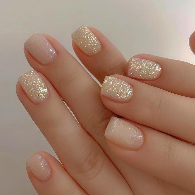Amazon.com: Pink Press on Nails Short Square Champagne Gold Glitter ...