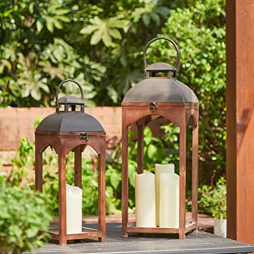 Amazon.com: TIMRIS Large Farmhouse Wooden Metal Lantern Set of 2 ...