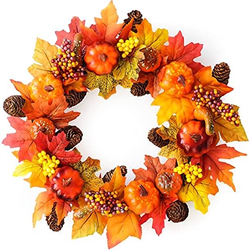 Amazon.com: Jelofly 15 Inch Fall Door Wreath Autumn Maple Leaf Pumpkin ...