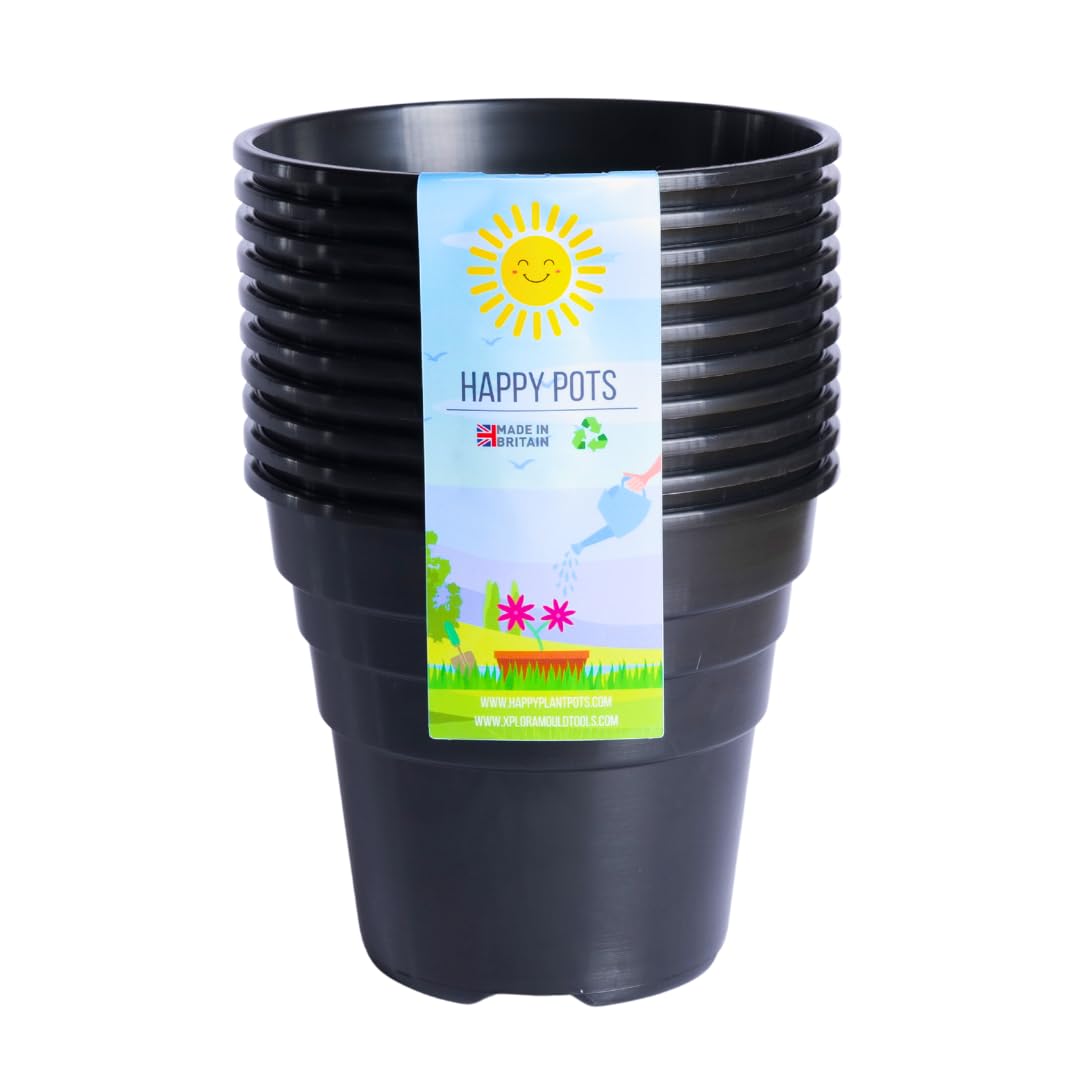 Happy Pots - 12.5cm Gloss Black - Pack of 10 Premium Plastic Plant Pots ...