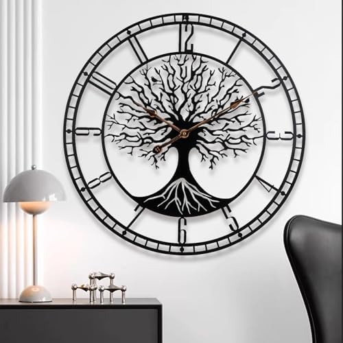 Dankeit Tree of Life Wall Clock,Metal Black Large Wall Clock, 24inch Oversized Wall Clock for ...